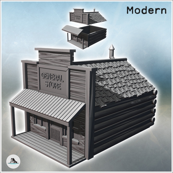 3D Printable Western general store with log and wood walls and covered ...