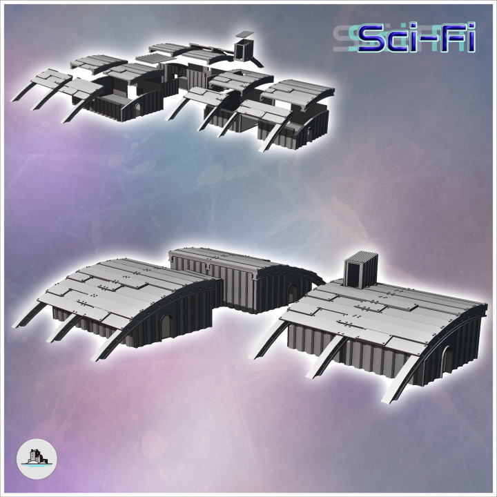 3D Printable Set of three futuristic oval-roofed barracks with large metal beams and rounded ...