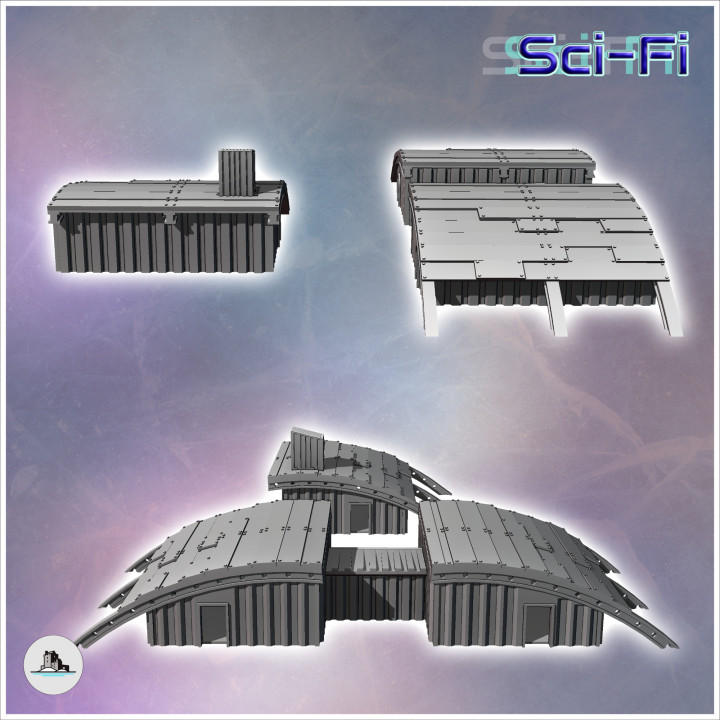 3D Printable Set of three futuristic oval-roofed barracks with large metal beams and rounded ...
