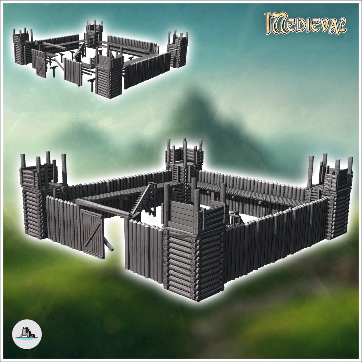 3D Printable Fortified outpost with log walls, large wooden gate, and ...