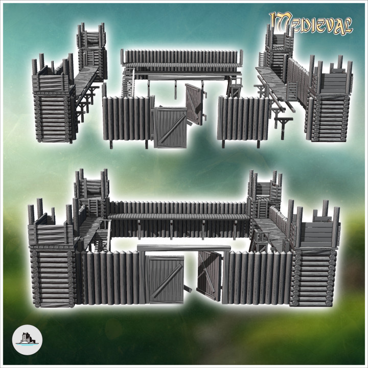 3D Printable Fortified outpost with log walls, large wooden gate, and ...