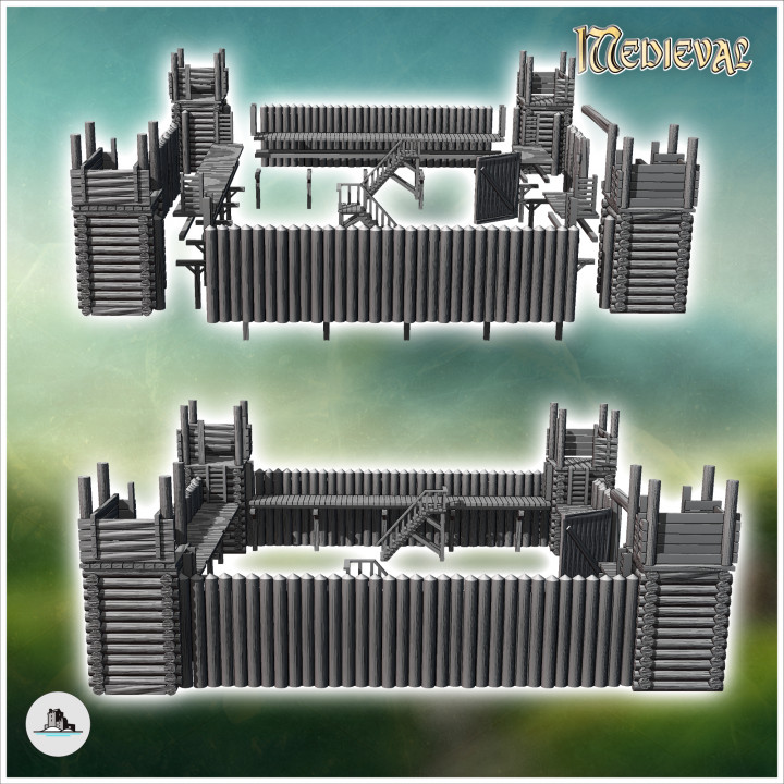 3D Printable Fortified outpost with log walls, large wooden gate, and ...