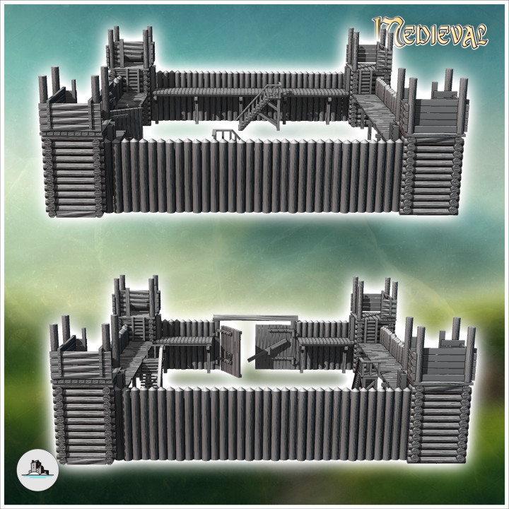 3D Printable Fortified outpost with log walls, large wooden gate, and ...