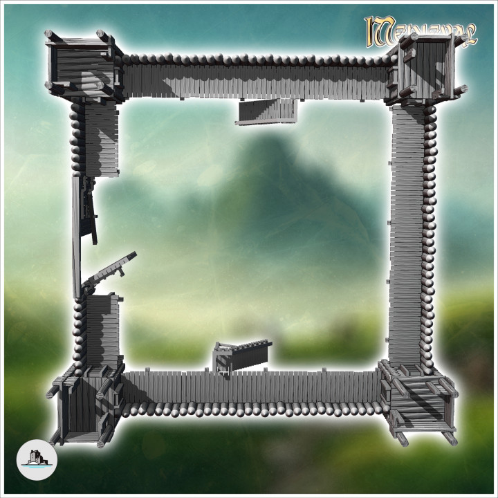 3D Printable Fortified outpost with log walls, large wooden gate, and ...