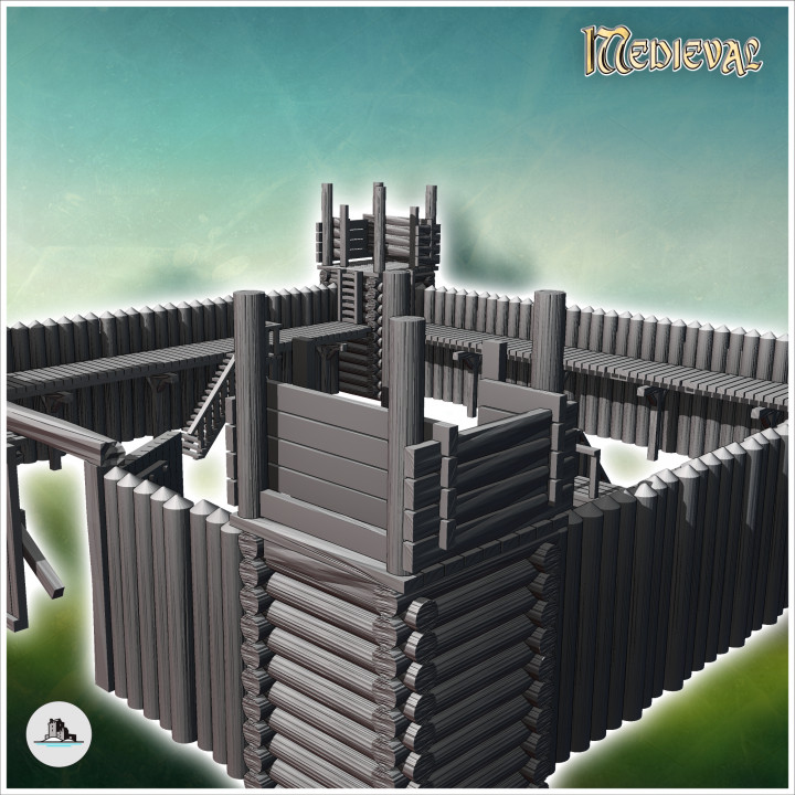 3D Printable Fortified outpost with log walls, large wooden gate, and ...