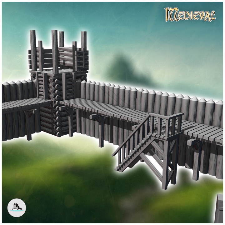 3D Printable Fortified outpost with log walls, large wooden gate, and ...