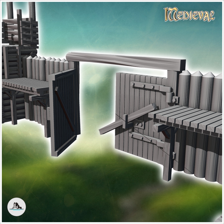 3D Printable Fortified outpost with log walls, large wooden gate, and ...