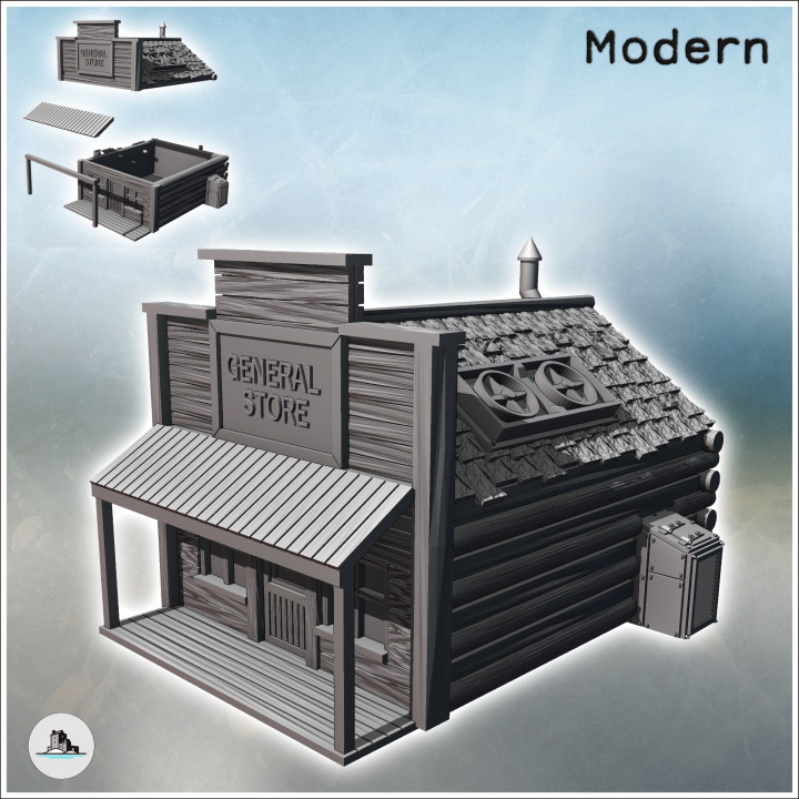 3D Printable Western general store with log and wood walls and covered ...