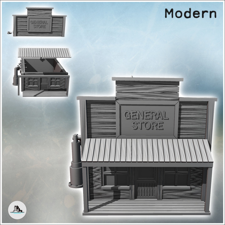 3D Printable Western general store with log and wood walls and covered ...