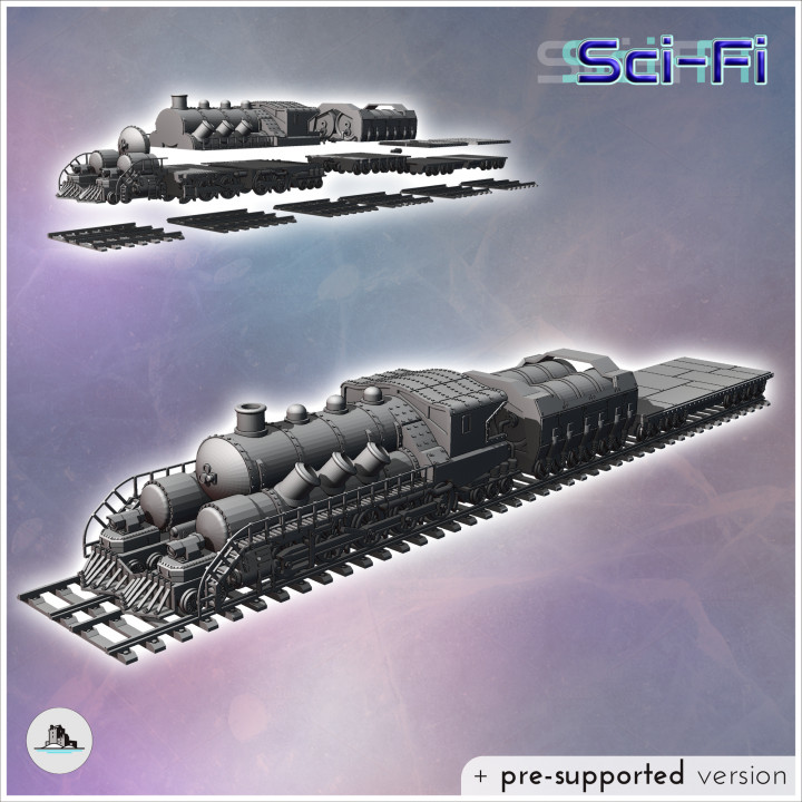 3D Printable Steampunk train on double tracks with steam locomotive and ...