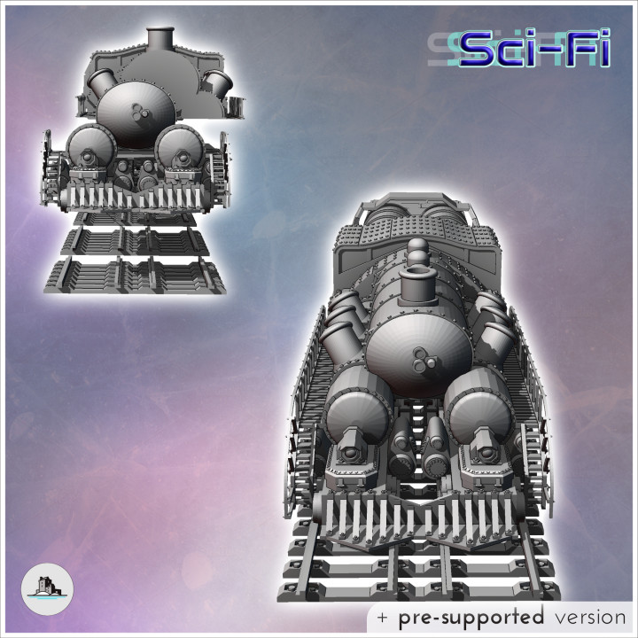 3D Printable Steampunk train on double tracks with steam locomotive and ...