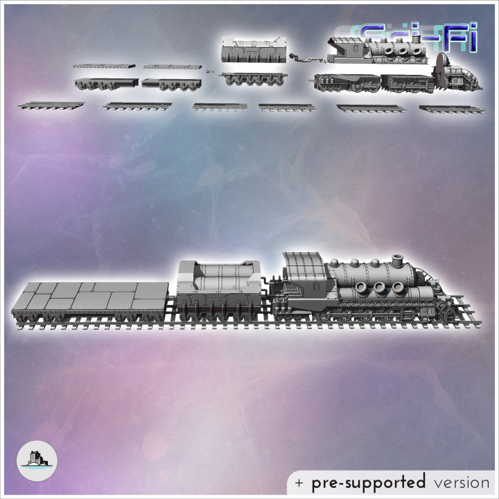 3D Printable Steampunk train on double tracks with steam locomotive and ...