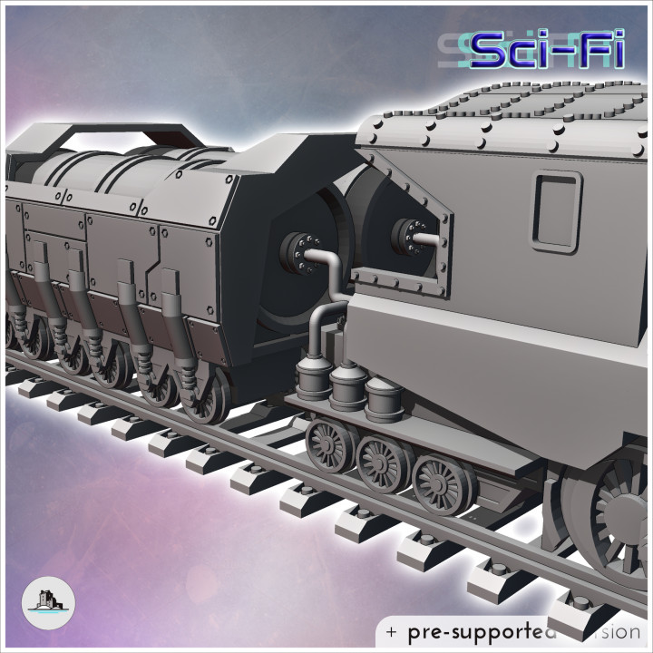 3D Printable Steampunk train on double tracks with steam locomotive and ...