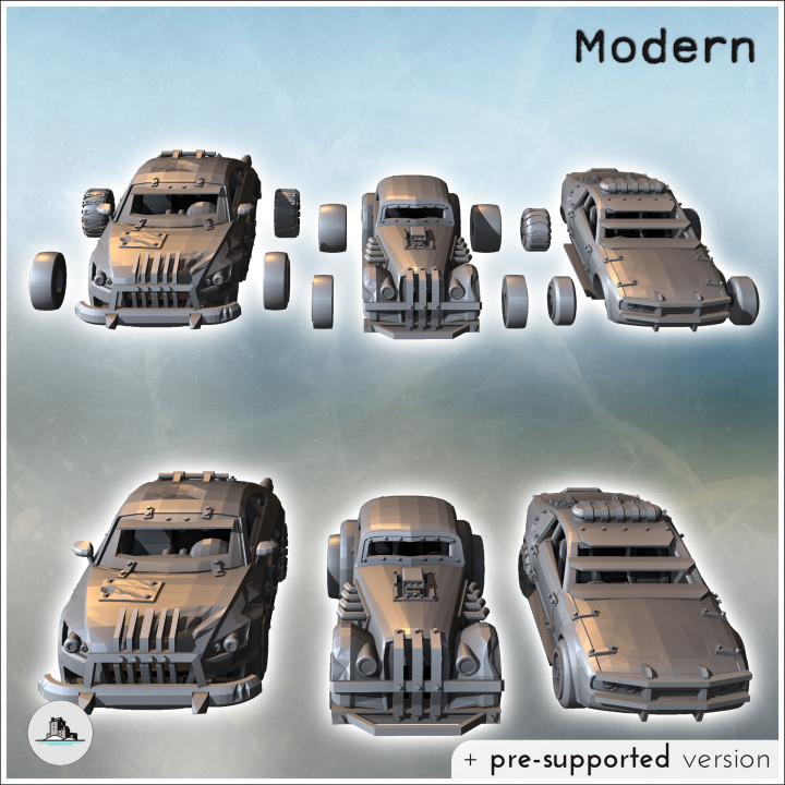 3D Printable Set of three post-apocalyptic cars with bumper and ...