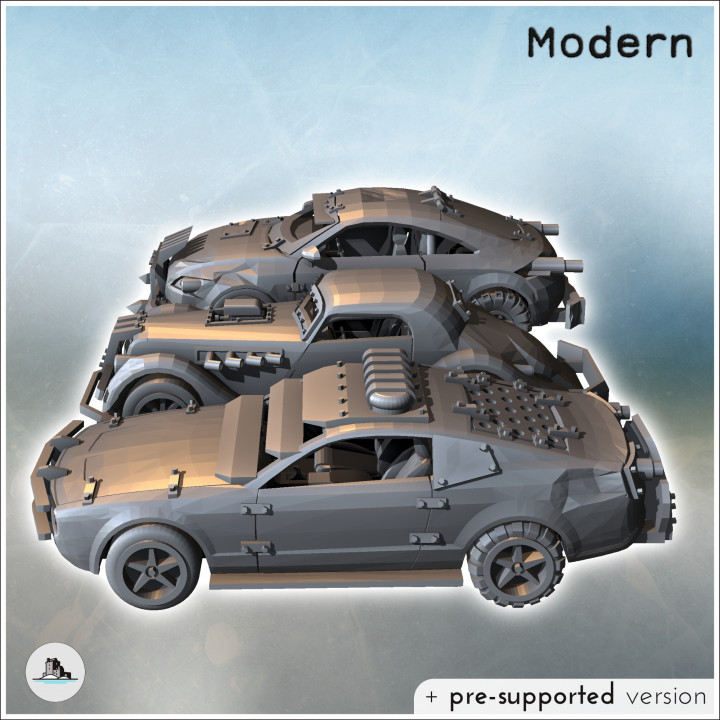 3D Printable Set of three post-apocalyptic cars with bumper and ...