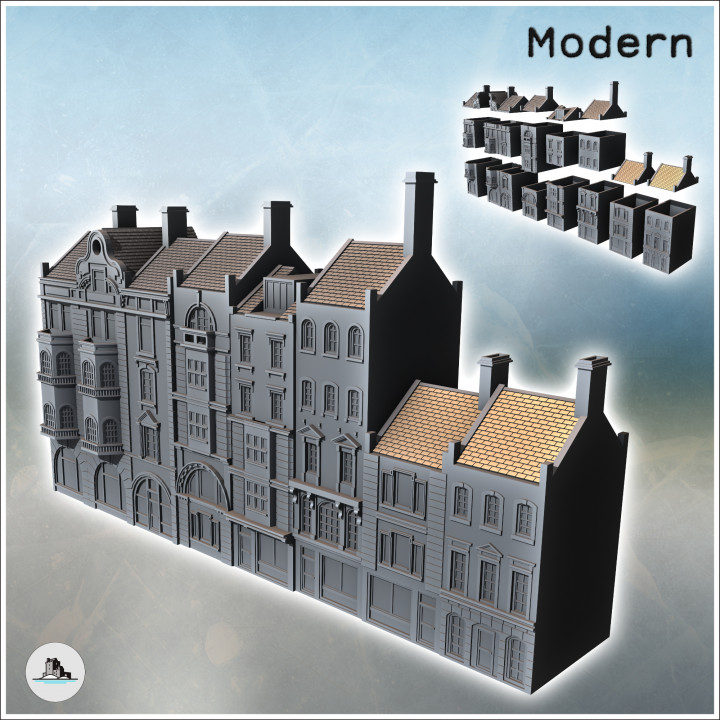 3D Printable Set of seven European buildings with fireplace and floors ...
