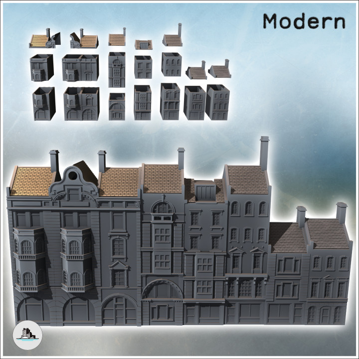 3D Printable Set of seven European buildings with fireplace and floors ...