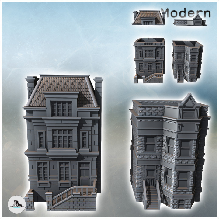 3D Printable Set of two European houses with upper floor and access ...