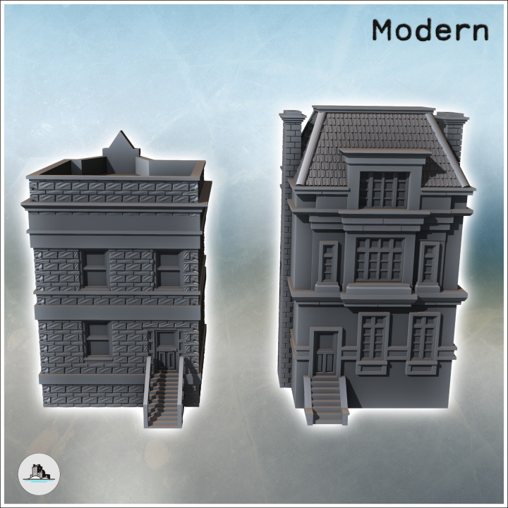 3D Printable Set of two European houses with upper floor and access ...