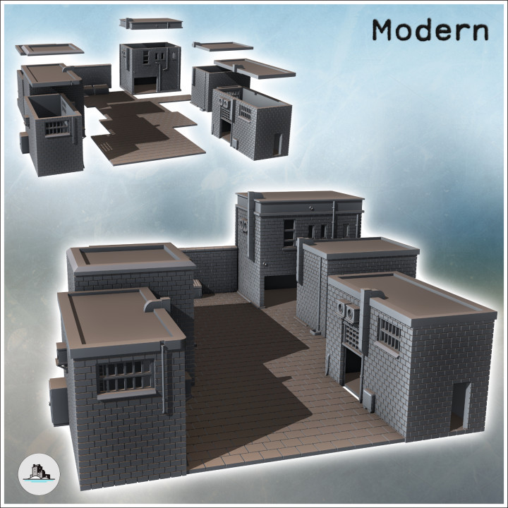 3D Printable Set of five flat-roofed brick houses with paved road and ...