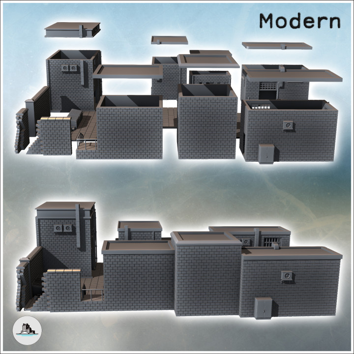 3D Printable Set of five flat-roofed brick houses with paved road and ...