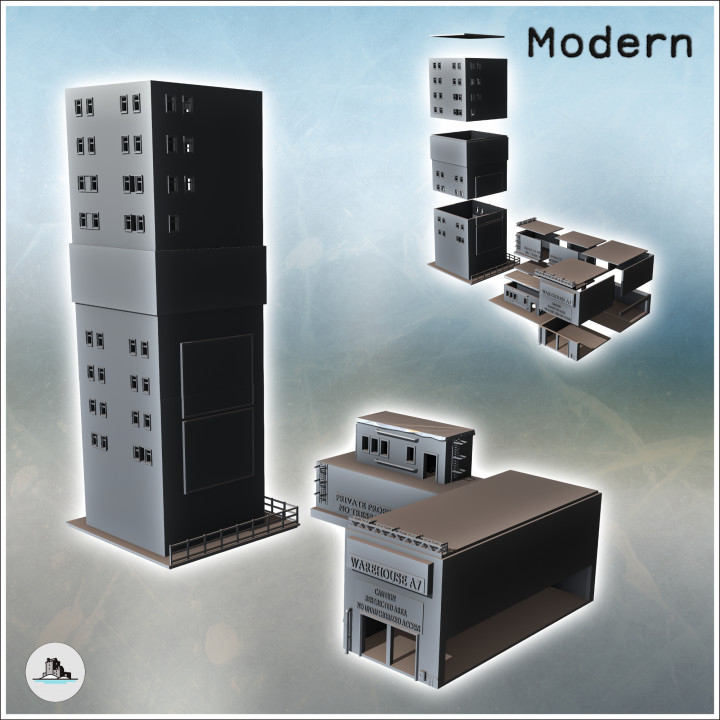 3D Printable Set of two industrial buildings with a large tower and ...