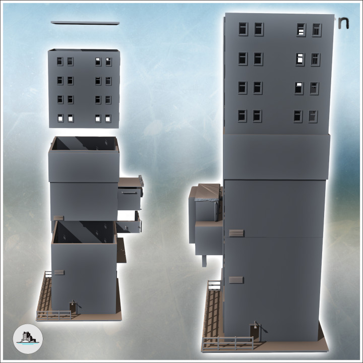 3D Printable Set of two industrial buildings with a large tower and ...