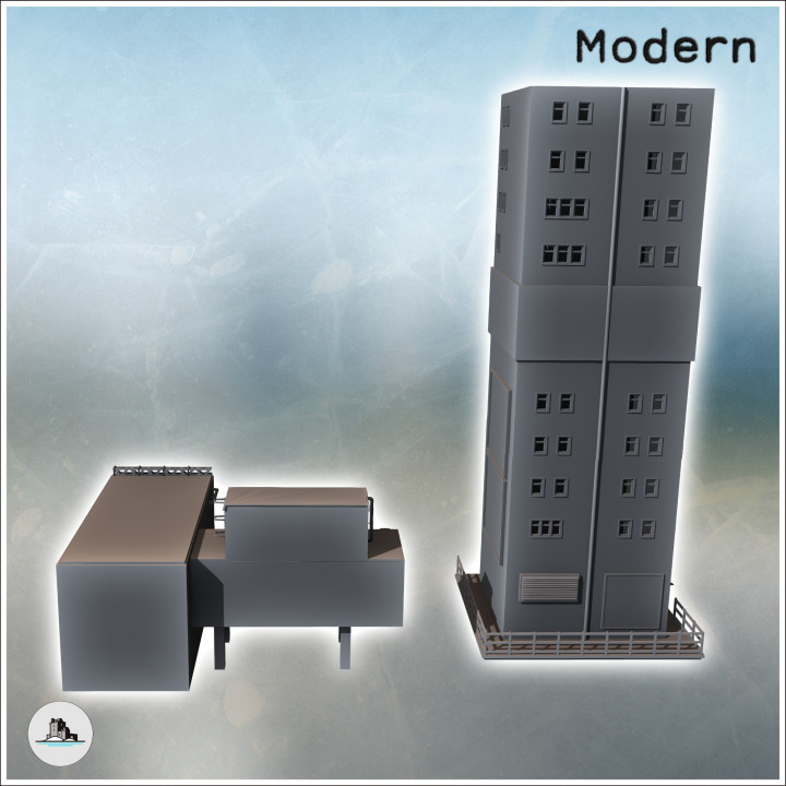 3D Printable Set of two industrial buildings with a large tower and ...