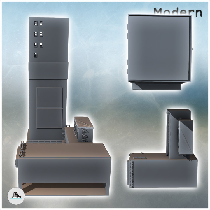 3D Printable Set of two industrial buildings with a large tower and ...
