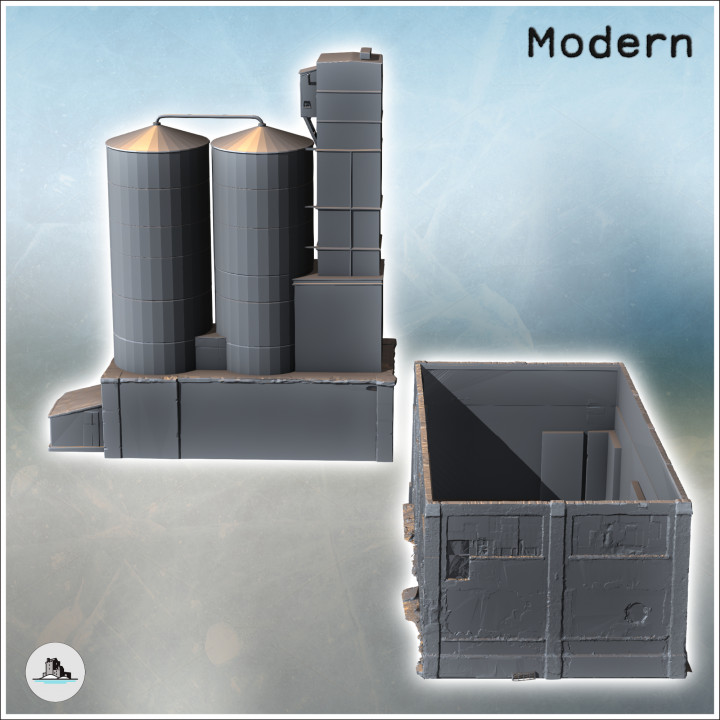 3D Printable Set of two buildings with a large double storage silo (2 ...