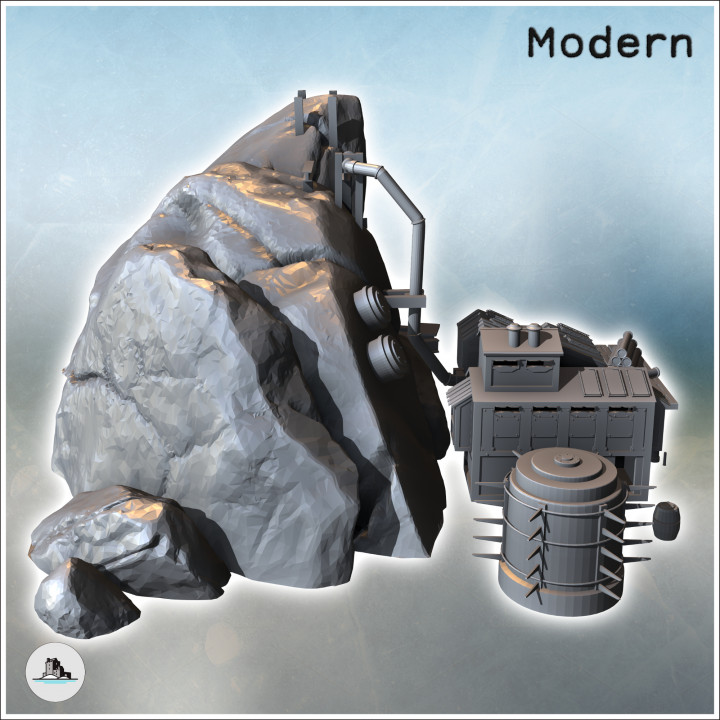 3D Printable Modern mine with extraction machines and a large rock (13 ...