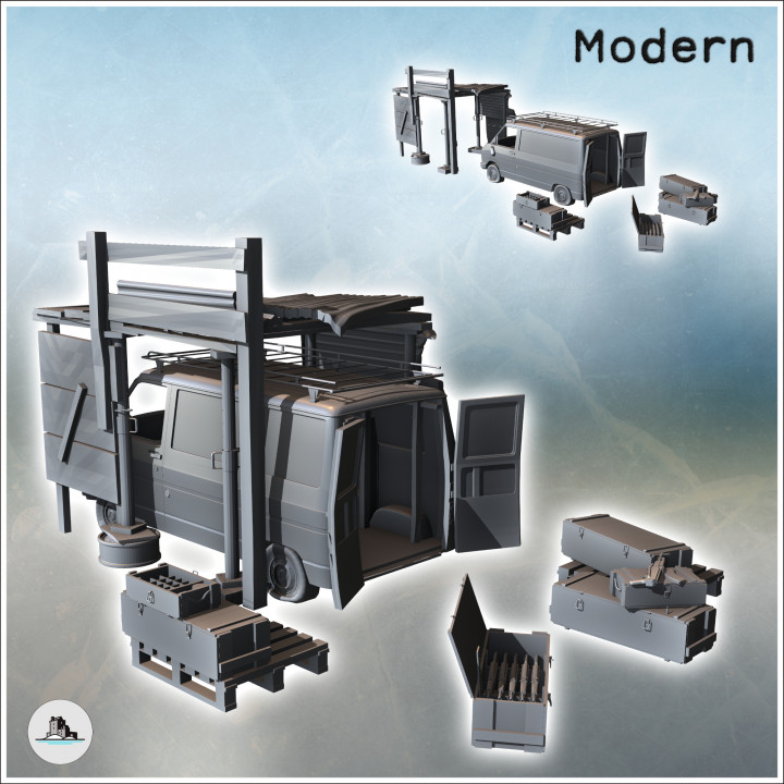 3D Printable Modern van with open rear doors and crates of weapon ...