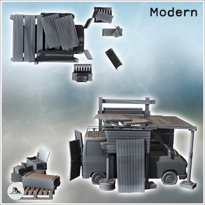 3D Printable Modern van with open rear doors and crates of weapon ...