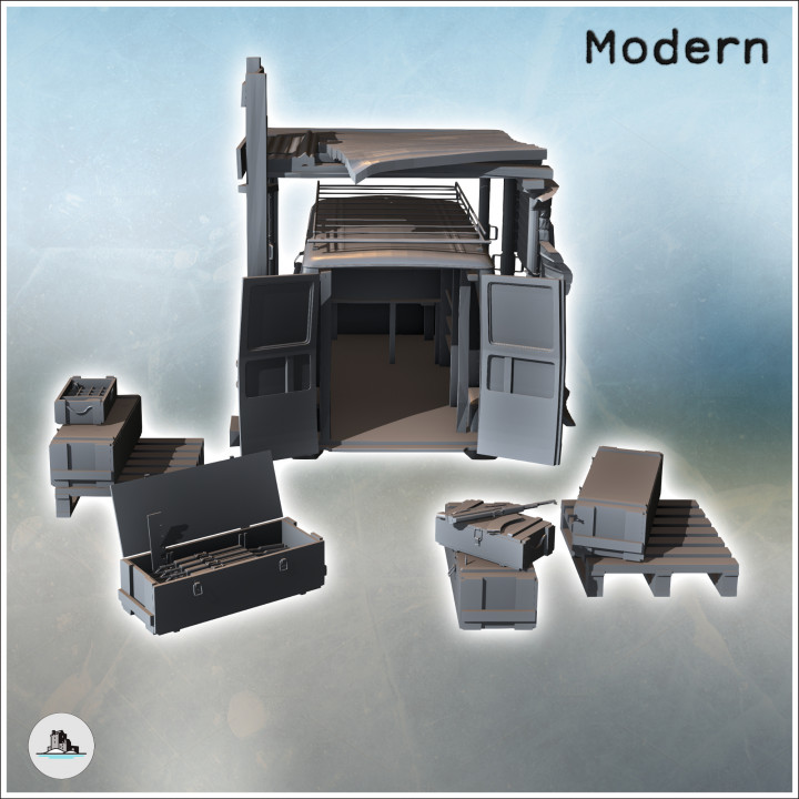 3D Printable Modern van with open rear doors and crates of weapon ...