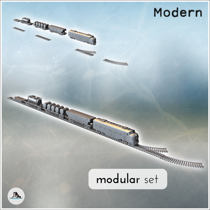 Descargar Modular railway convoy set with diesel locomotive, industrial ...