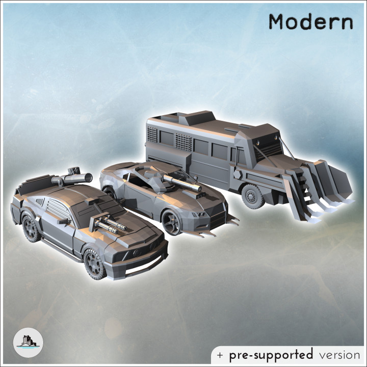 3D Printable Set of three post-apocalyptic vehicles with improvised ...