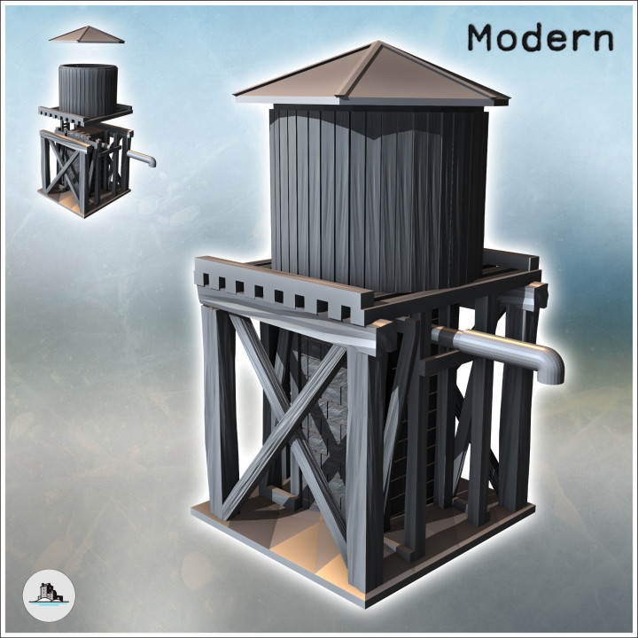 3D Printable Water tank on wooden structure with metal faucet (2 ...