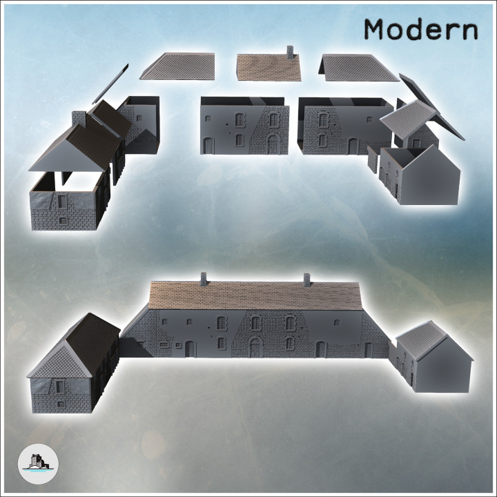 3D Printable Set of three Norman farm buildings with exposed bricks and ...