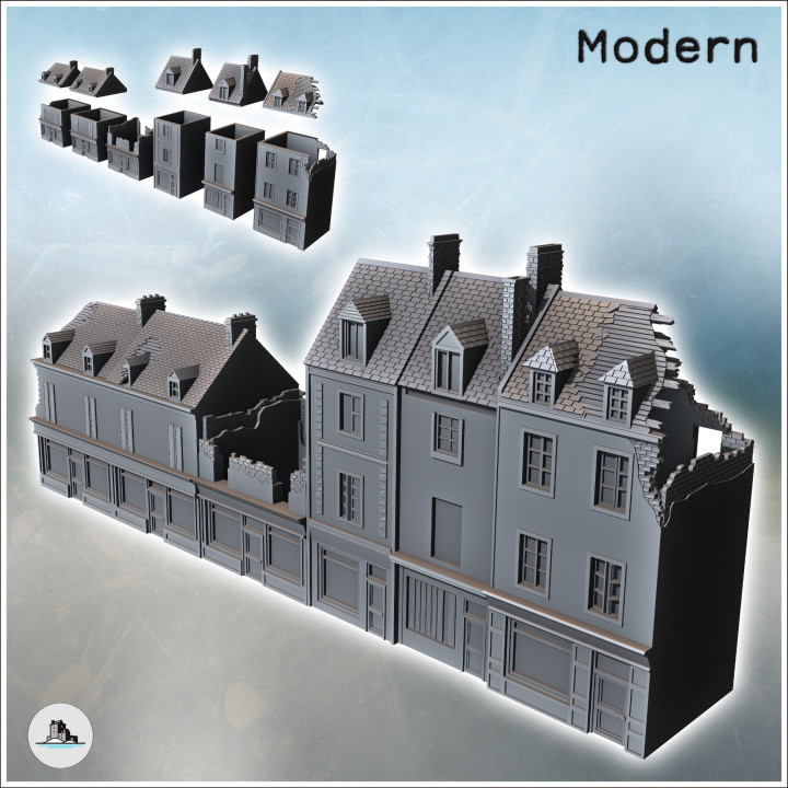 3D Printable Set of damaged modern multi-story buildings with ground ...