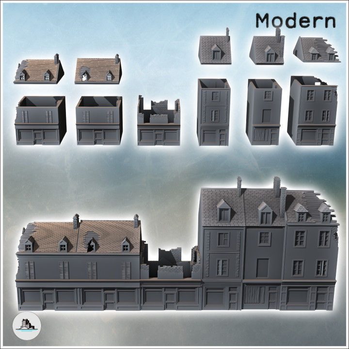 3D Printable Set of damaged modern multi-story buildings with ground ...