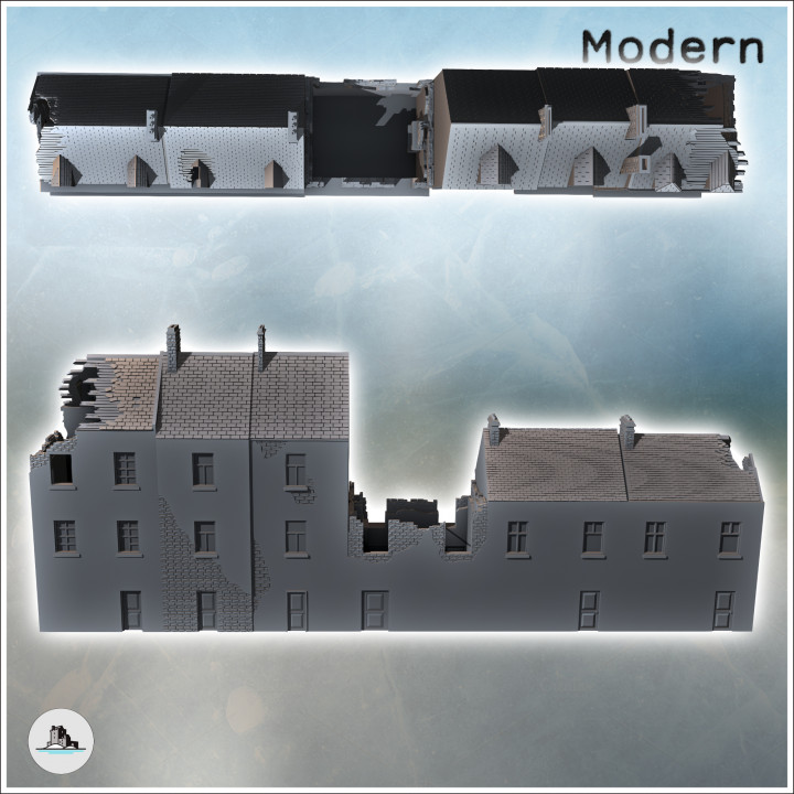 3D Printable Set of damaged modern multi-story buildings with ground ...