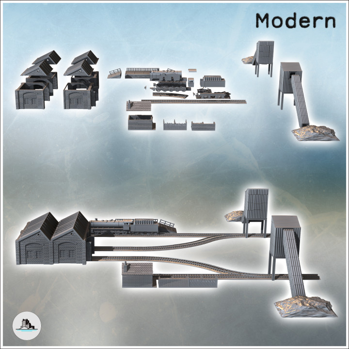 3D Printable Industrial railway complex with sheds for trains ...