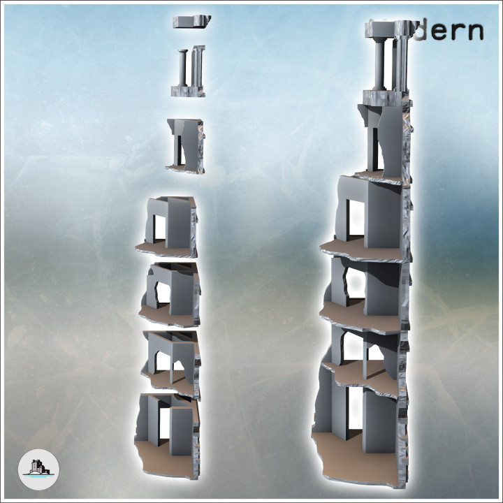 3D Printable Ruined corner building with brick base and columns (13 ...