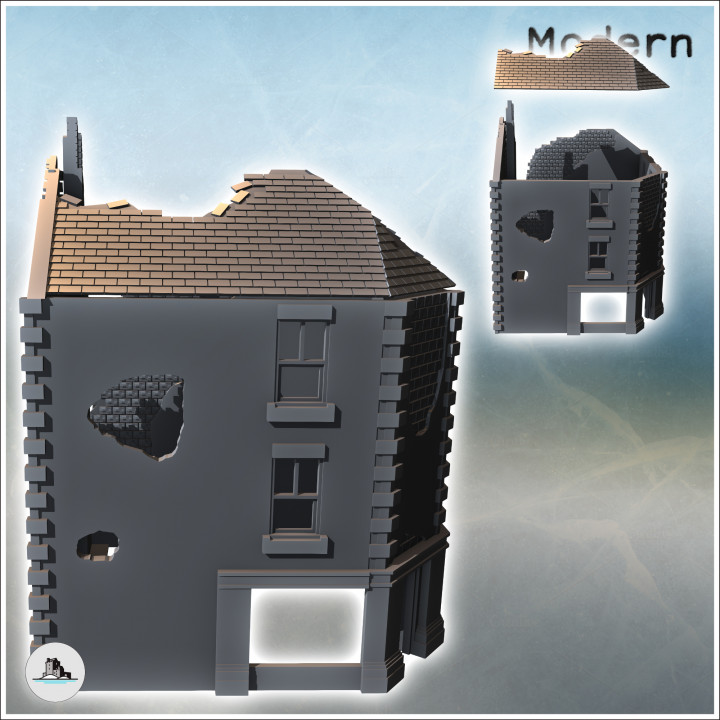 3D Printable Corner ruin building with three-sided roof and ground ...