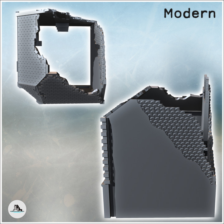 3D Printable Corner ruin building with three-sided roof and ground ...