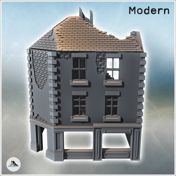 3D Printable Corner ruin building with three-sided roof and ground ...