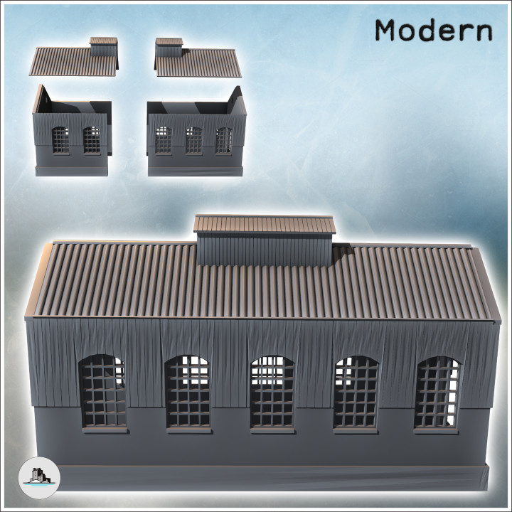 3D Printable Large hangar with wide windows, two-part roof, and large ...