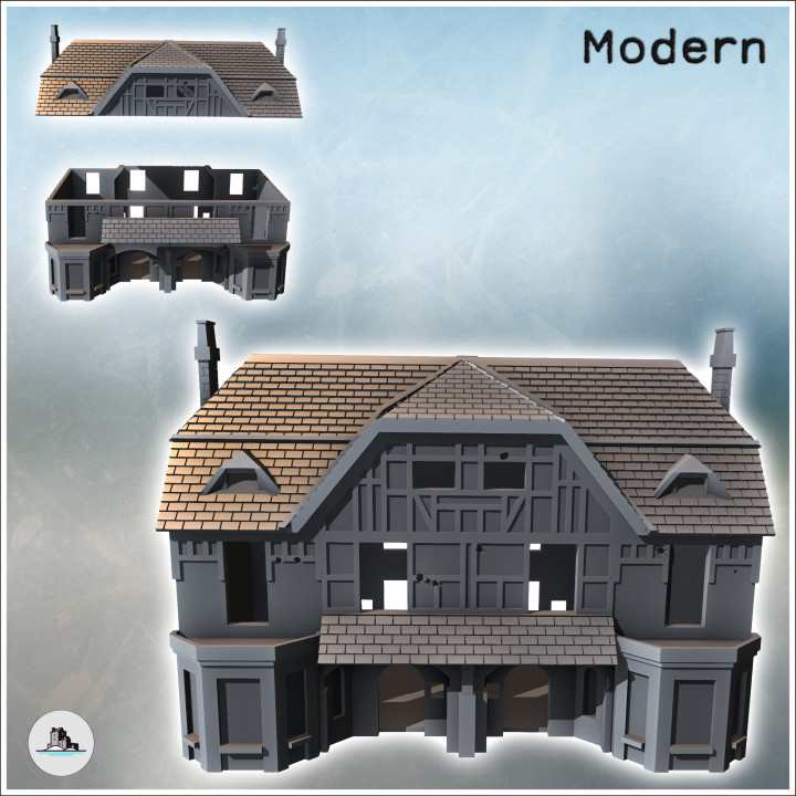 3D Printable Multi-story house with tiled roof and chimneys (Juno Beach ...