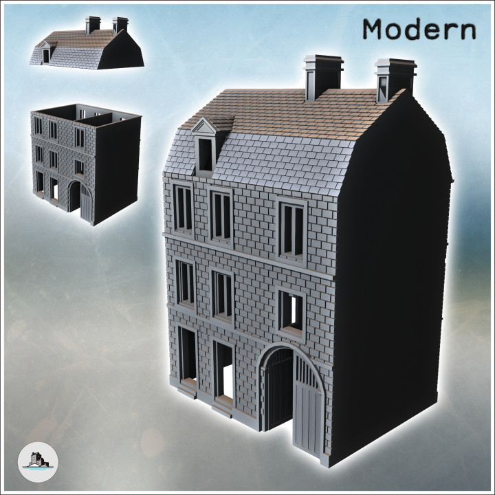 3D Printable Modern two-story brick house with large wooden door and ...