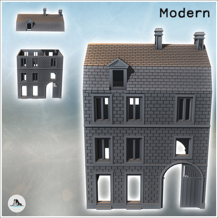 3D Printable Modern two-story brick house with large wooden door and ...